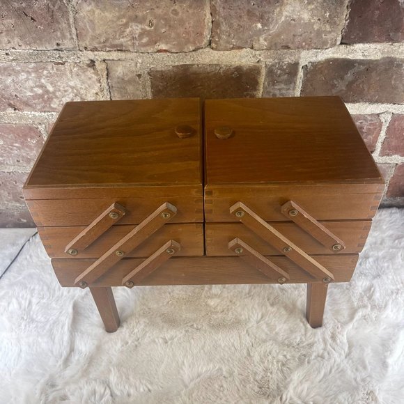 Vintage | Art | Vintage Accordion Sewing Box 3 Tier Dovetail Wood ...